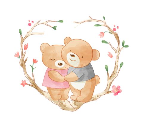 Cute Cartoon Bear Lover Hugging Each Other In Tree Branches Heart Shape