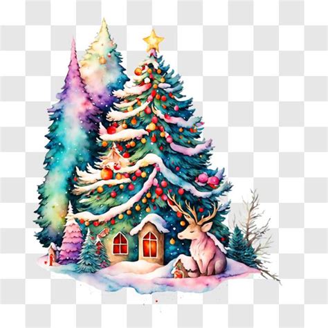Télécharger Arbre de Noël orné dans la forêt avec des cerfs PNG En