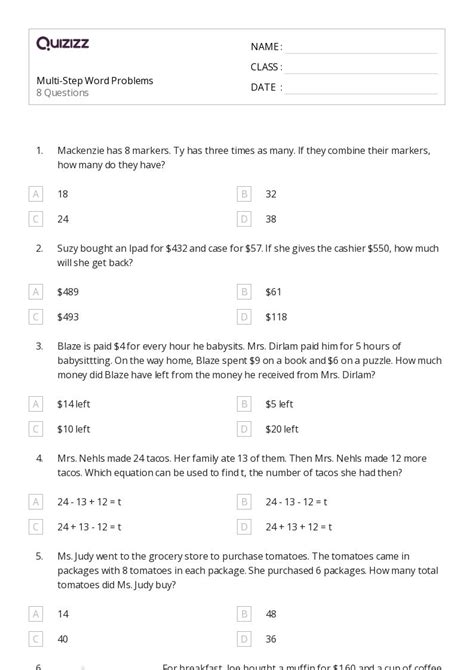 Multi Step Word Problems Worksheets For Th Class On Quizizz Free