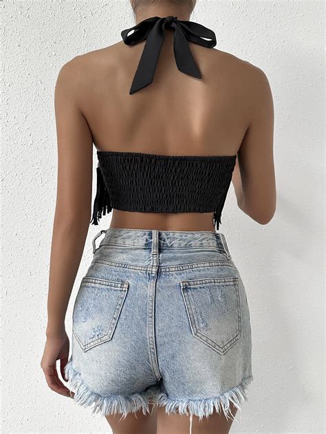 Shein Bae Top Halter Crop Ribete Con Fleco Con Tira Cruzada De Espalda