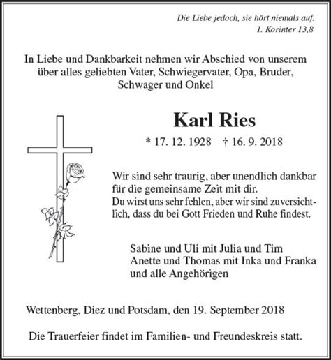 Traueranzeigen Von Karl Ries Vrm Trauer De