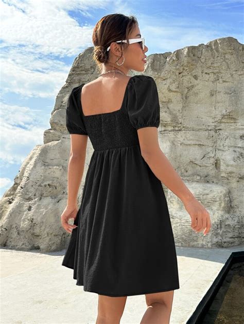 SHEIN Qutie Square Neck Puff Sleeve Dress SHEIN UK