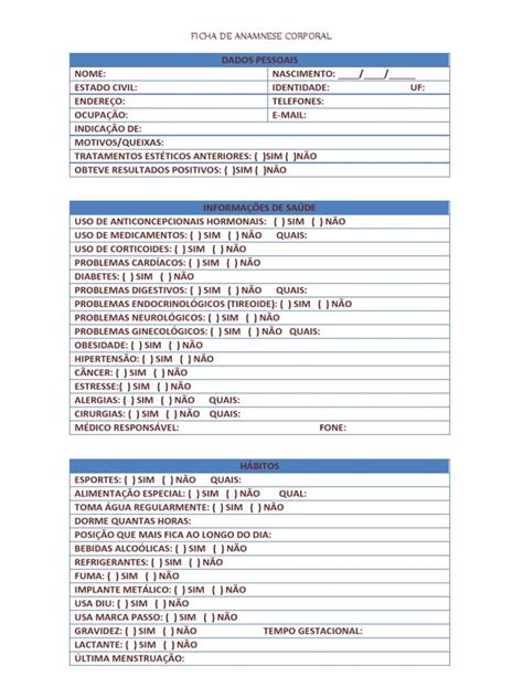 Este documento contém uma ficha de anamnese corporal informações