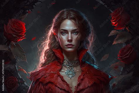 Vampire Woman In A Red Dress In A Dark Forest And Roses Generative AI