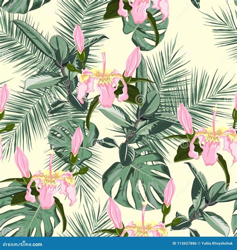 Teste Padrão Tropical Sem Emenda Floral Fundo Do Verão Flores
