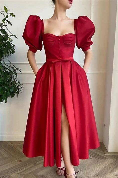 Puff Sleeves A Line Red Homecoming Dress Red Satin Prom Dress Prom