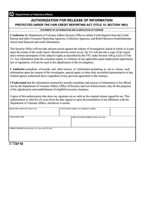 Fillable Va Form 0710 Authorization For Release Of Information