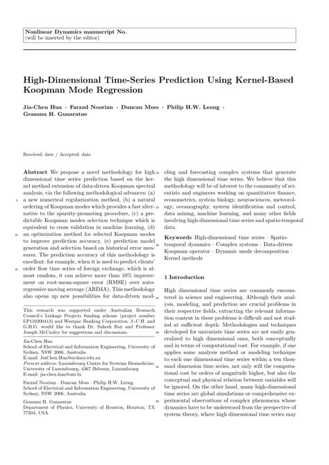 pdf high dimensional time series prediction using kernel based koopman mode regression