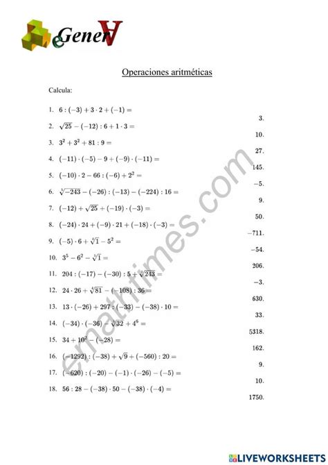 Operaciones combinadas con potencias y raíces worksheet Clasificacion