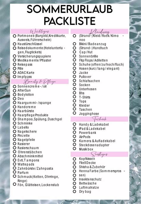 Sommer Urlaub Packliste Checkliste Reise Urlaubspackliste