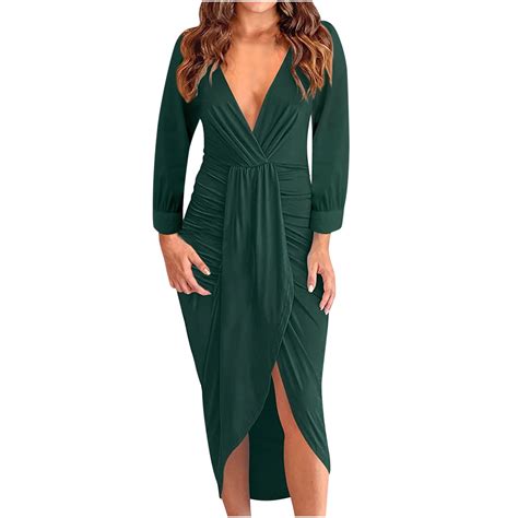 Women S Sexy Deep V Neck Bodycon Dress Long Sleeve Solid Color Pleated