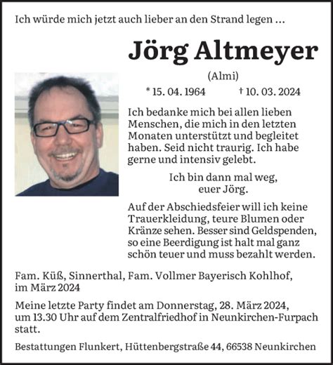 Traueranzeigen von Jörg Altmeyer Saarbruecker Zeitung Trauer de