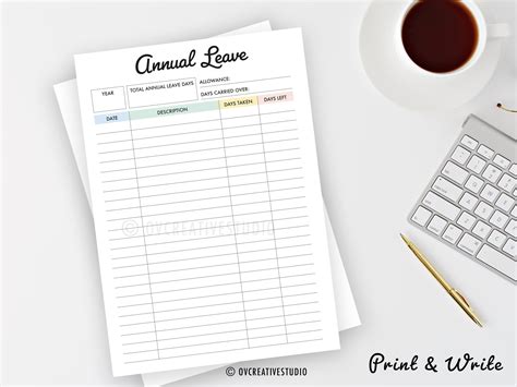 Editable Annual Leave Tracker Printable Holiday Tracker Work Leave