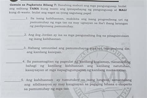 Gawain Sa Pagkatuto Bilang 7 Basahing Mabuti Ang Mga Pangungusap