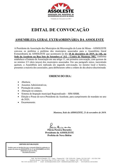 Edital de convocação Assembleia Geral Extraordinária da Assoleste