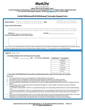 Fillable Online Metlife Co Partial Withdrawal Full Withdrawal