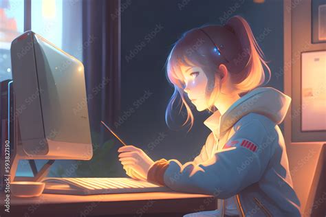 Lofi Anime Girl Is Programming At A Computer Cozy Dramatic Lighting