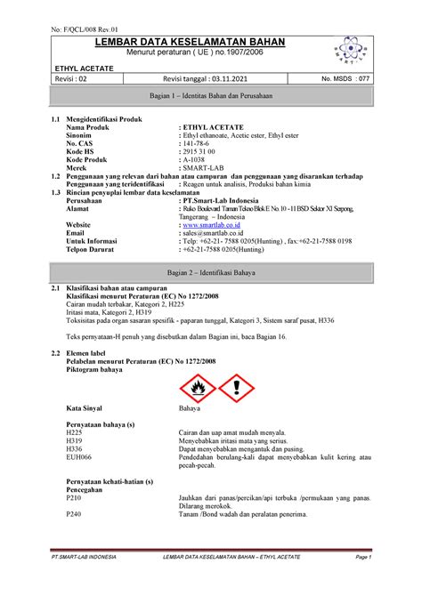 MSDS Ethyl Acetate INDO LEMBAR DATA KESELAMATAN BAHAN Menurut