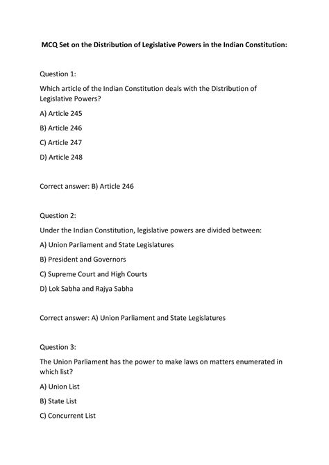 MCQ Set On The Distribution Of Legislative Powers In The Indian
