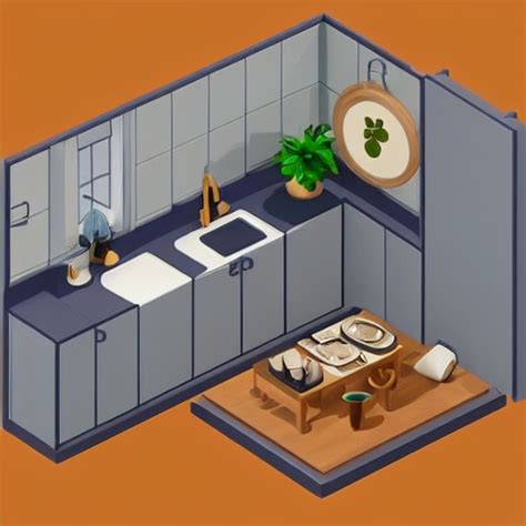 Tiny Cute Aesthetic Beautiful Isometric Kitchen In A Cutaway Box