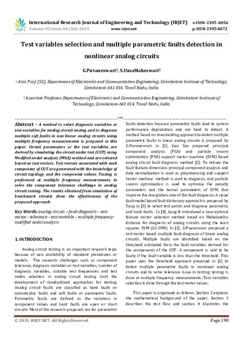 pdf irjet test variables selection and multiple parametric faults detection in nonlinear