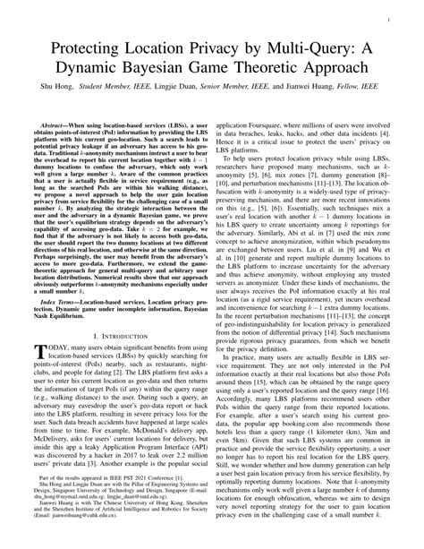 pdf protecting location privacy by multi query a dynamic bayesian game theoretic approach