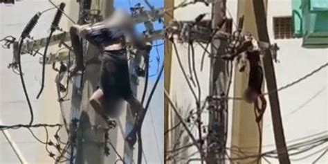 Homem fica preso em poste ao tentar furtar fios em Salvador VEJA VÍDEO