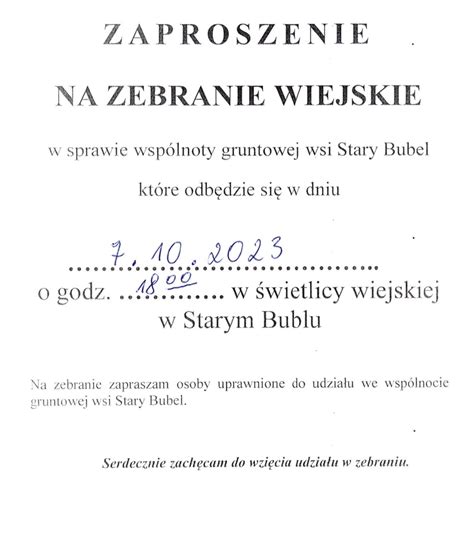 Stary Bubel zaproszenie na zebranie wiejskie w sprawie wspólnoty