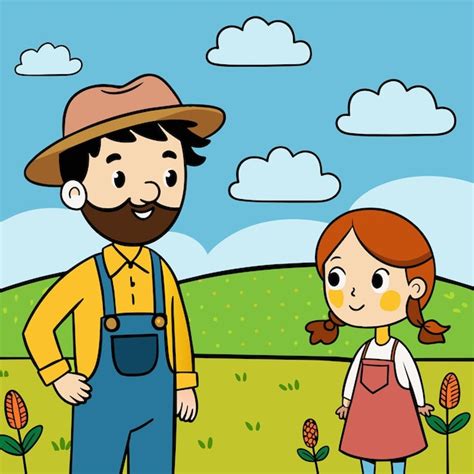 Un hombre y una chica están de pie en un campo con flores Vector Premium