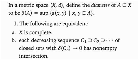 solved in a metric space x d define the diameter of a cx