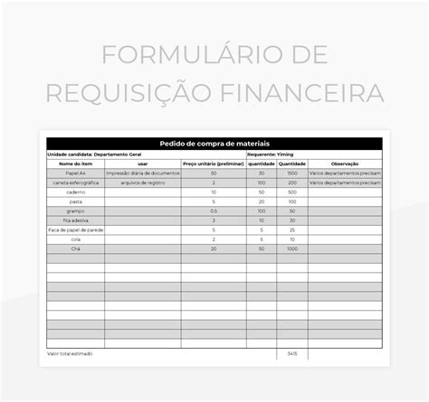 Planilhas Formul Rio De Requisi O Financeira Excel E Edi O On Line De