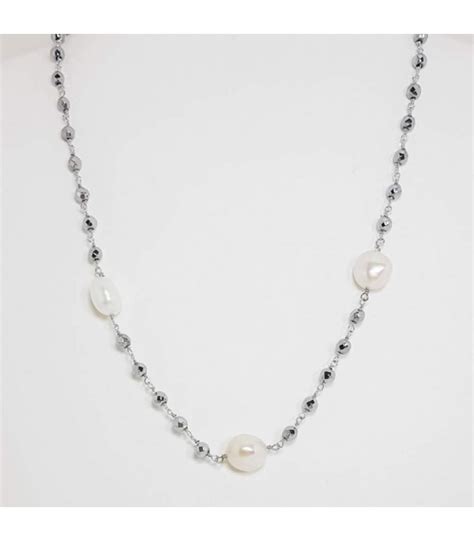 Collana Miluna Argento 925 Ematite Nera Perle Barocche Bianche PCL5704