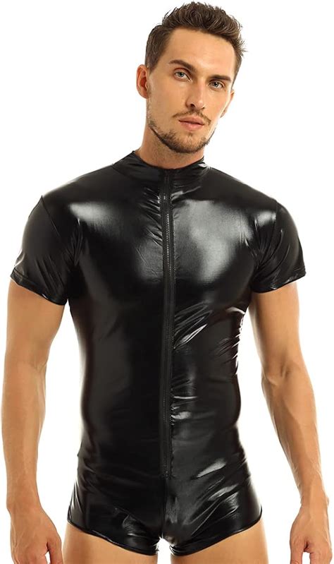 Oyolan Homme Body Sexy Cuir Verni Combinaison Manches Courtes Erotique