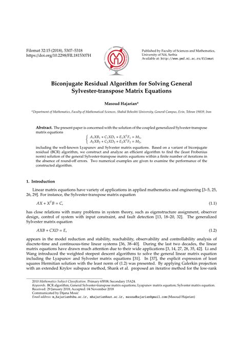pdf biconjugate residual algorithm for solving general sylvester transpose matrix equations