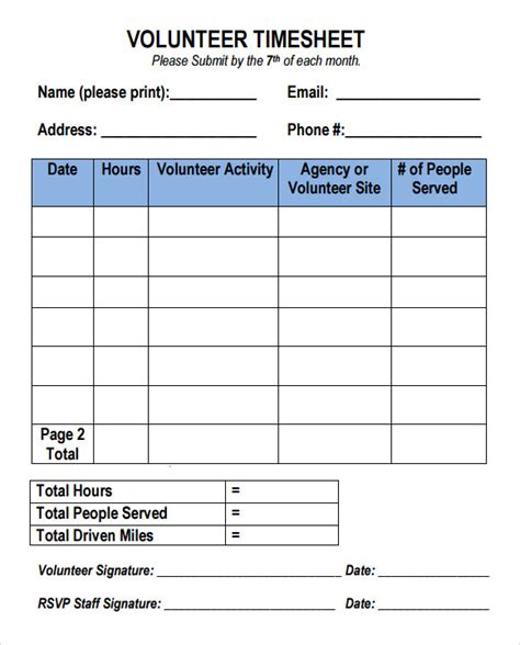 Volunteer Timesheet Template 7 Free Samples Examples Format