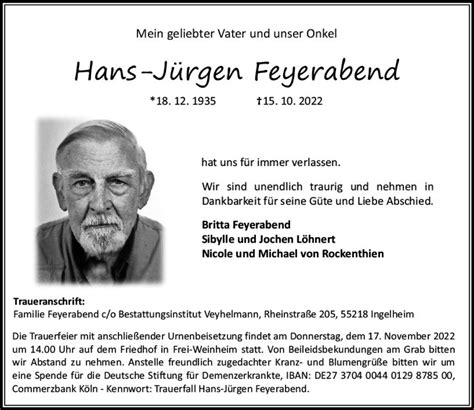 Traueranzeigen von Hans Jürgen Feyerabend vrm trauer de