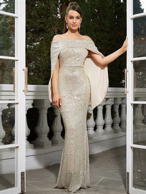 Missord Off Shoulder Cloak Sleeve Sequin Formal Dress SHEIN USA