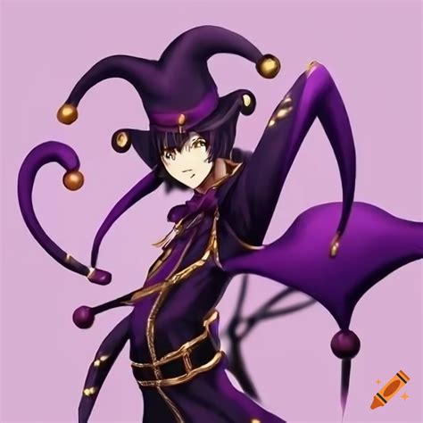 Anime Character In Purple And Gold As A Dark Jester With A Long Hat On