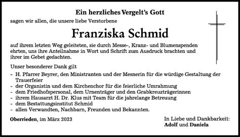 Traueranzeigen Von Franziska Schmid Augsburger Allgemeine Zeitung