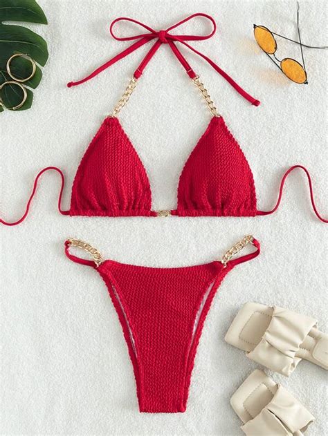 SHEIN Swim SXY Textured Bikini Set Chain Linked Halter Micro Triangle