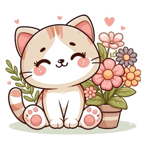 Lindo Gato Con Flor Vector De Dibujos Animados Sobre Fondo Blanco