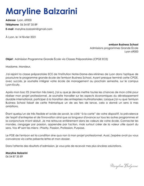 Lettre de motivation pour intégrer une école exemple