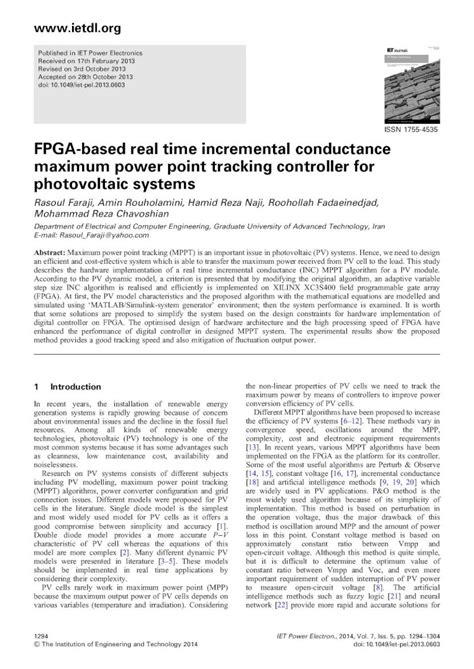 pdf fpga based real time incremental conductance maximum power point tracking controller for