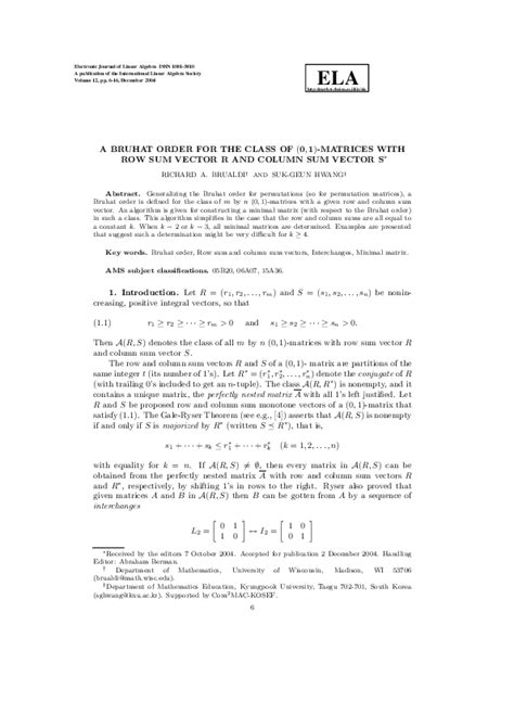 pdf a bruhat order for the class of 0 1 matrices with row sum vector r and column sum vector