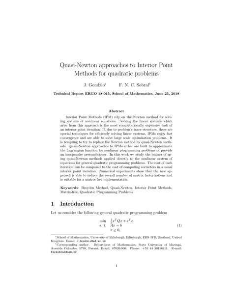 pdf quasi newton approaches to interior point methods for quadratic problems