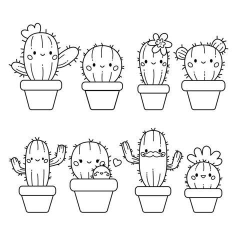 Cute Kawaii Set Of Cactus In Flowerpots Coloring Page Hand Drawn