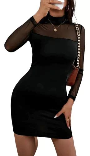 Vestido Ajustado De Malla En Contraste De Cuello Alto 3237 MercadoLibre