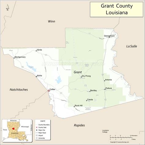 A Map With The Location Of Grant County Louisia And Other Towns On It