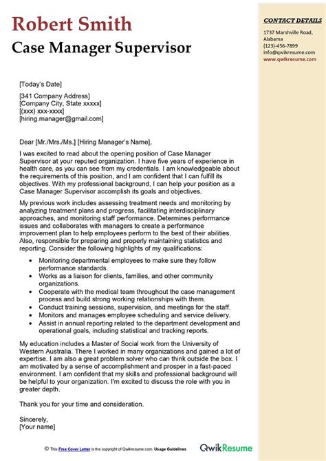 Case Manager Supervisor Cover Letter Examples Qwikresume