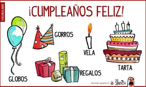 Feliz cumpleaños Globos gorros tarta velas y regalos para